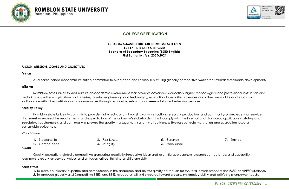 EL-106-Literary-Criticism-Syllabus-2024-2025 042734 - VISION, MISSION ...