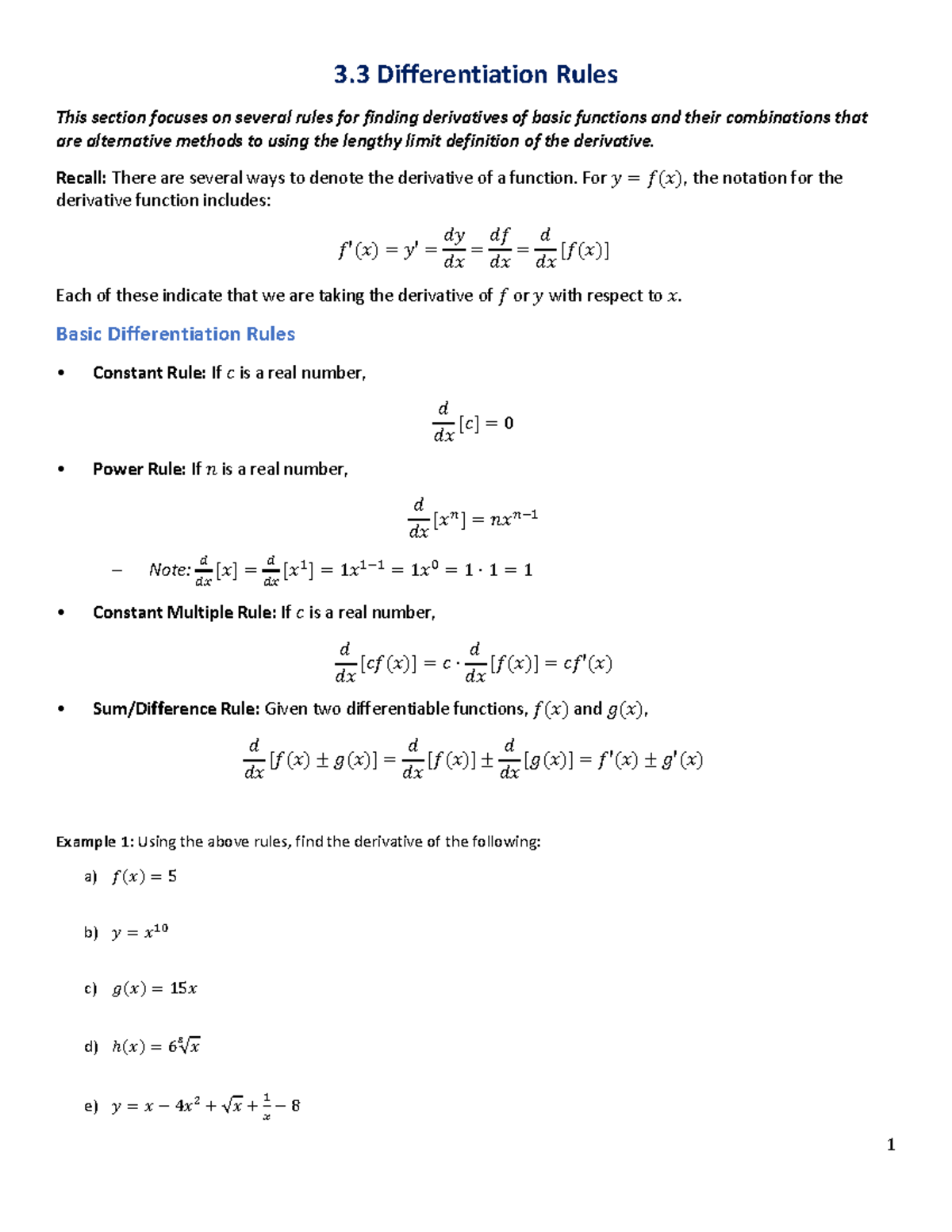Differentiation Rules & Examples in Calculus (MATH101) - Studocu