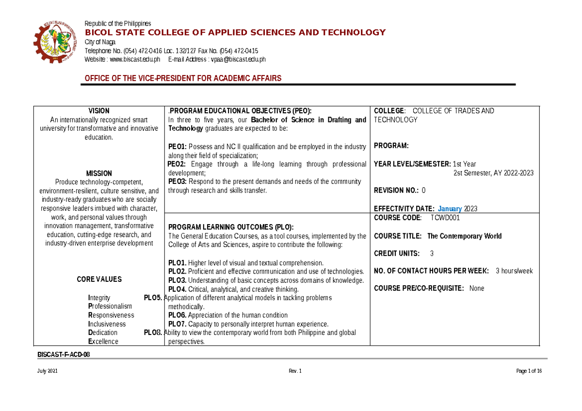 The Contemporary World Course Syllabus - TCWD001 - Studocu