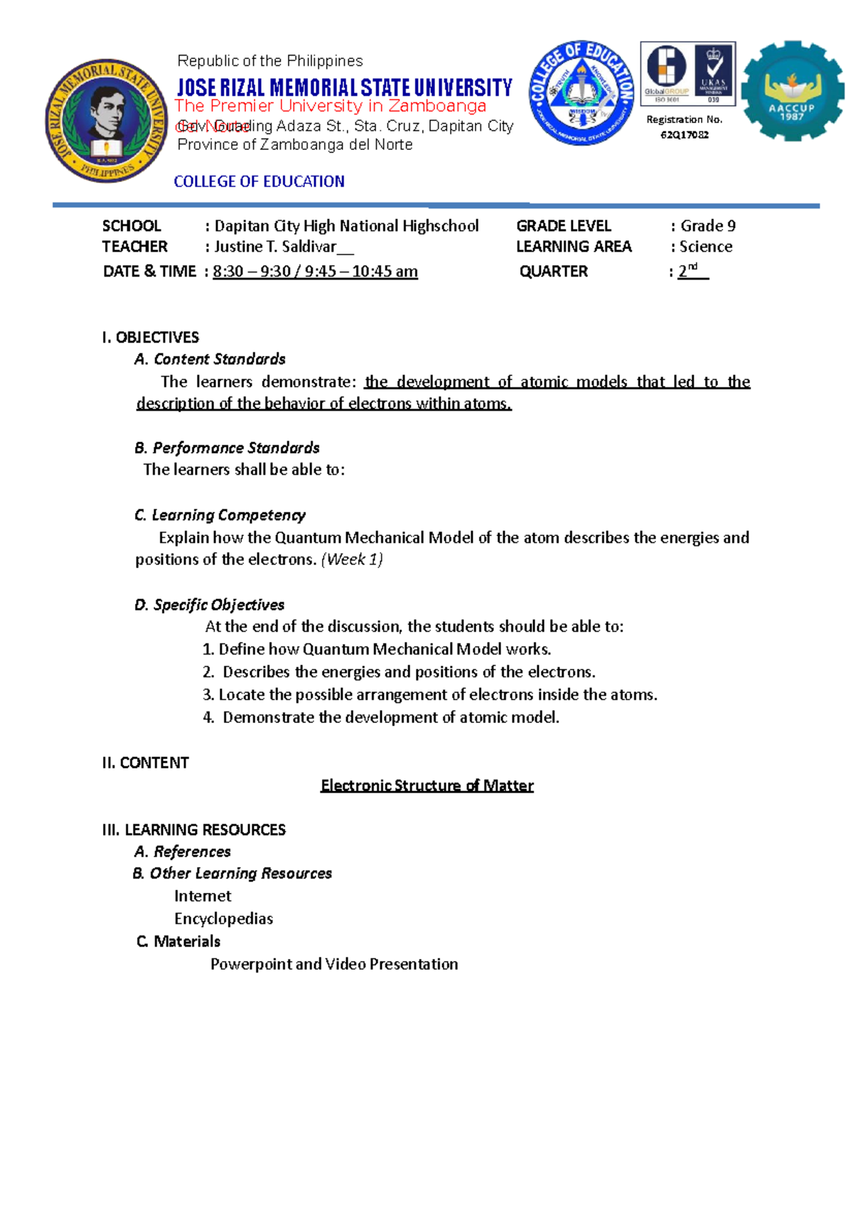 Lesson Plan: Quantum Mechanical Model for Grade 9 Science (2nd Quarter ...