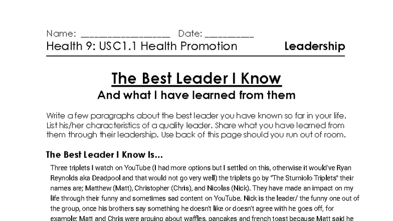 HE9.1 Leadership Assignment: Insights from My Favorite Leader - Studocu
