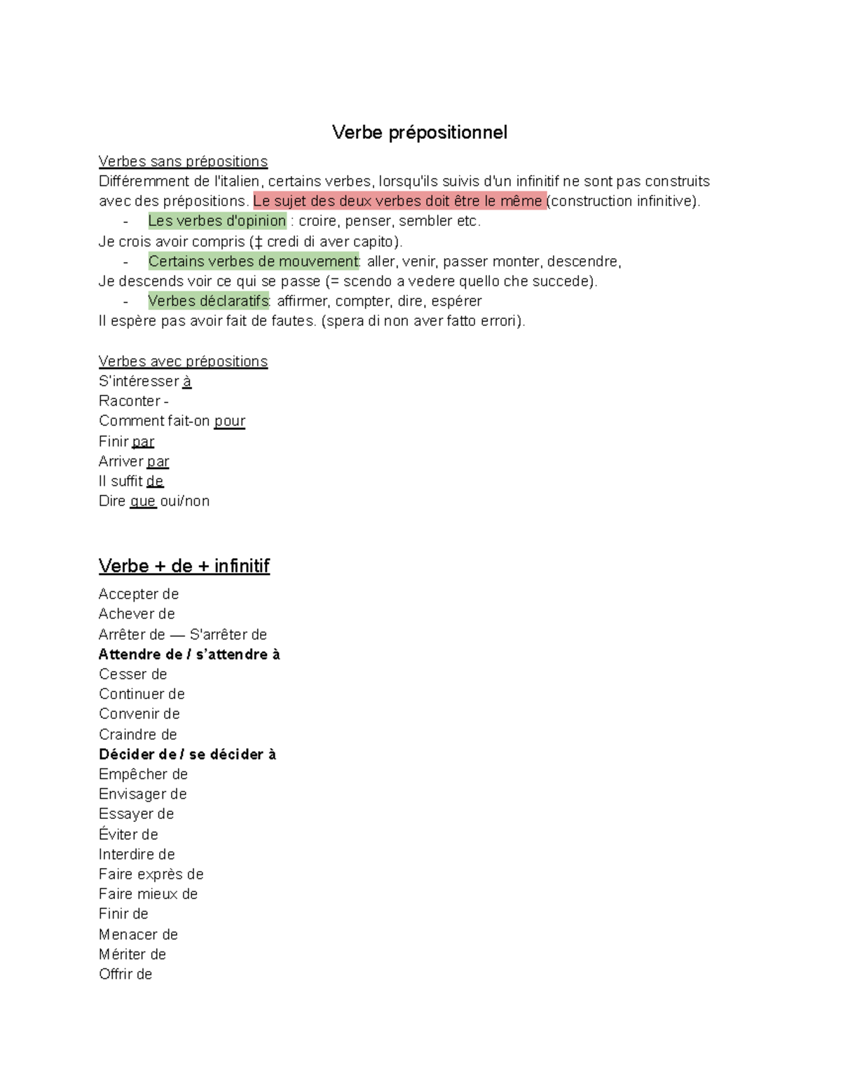 Règles de Grammaire C1 - Prépositions et Verbes Infinitifs - Studocu