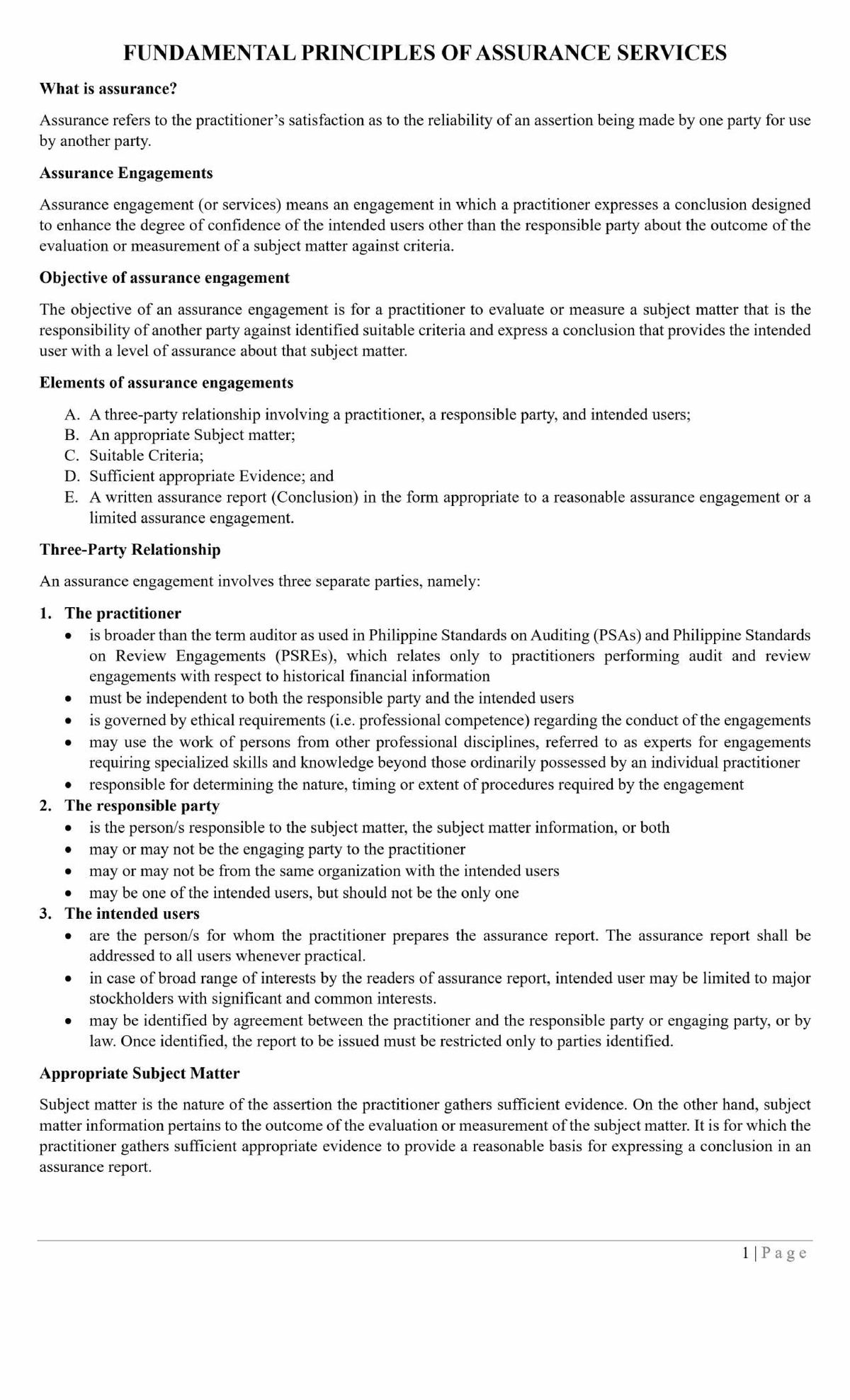 FUNDAMENTAL PRINCIPLES OF ASSURANCE SERVICES (ASUPRIN) Lecture Notes ...