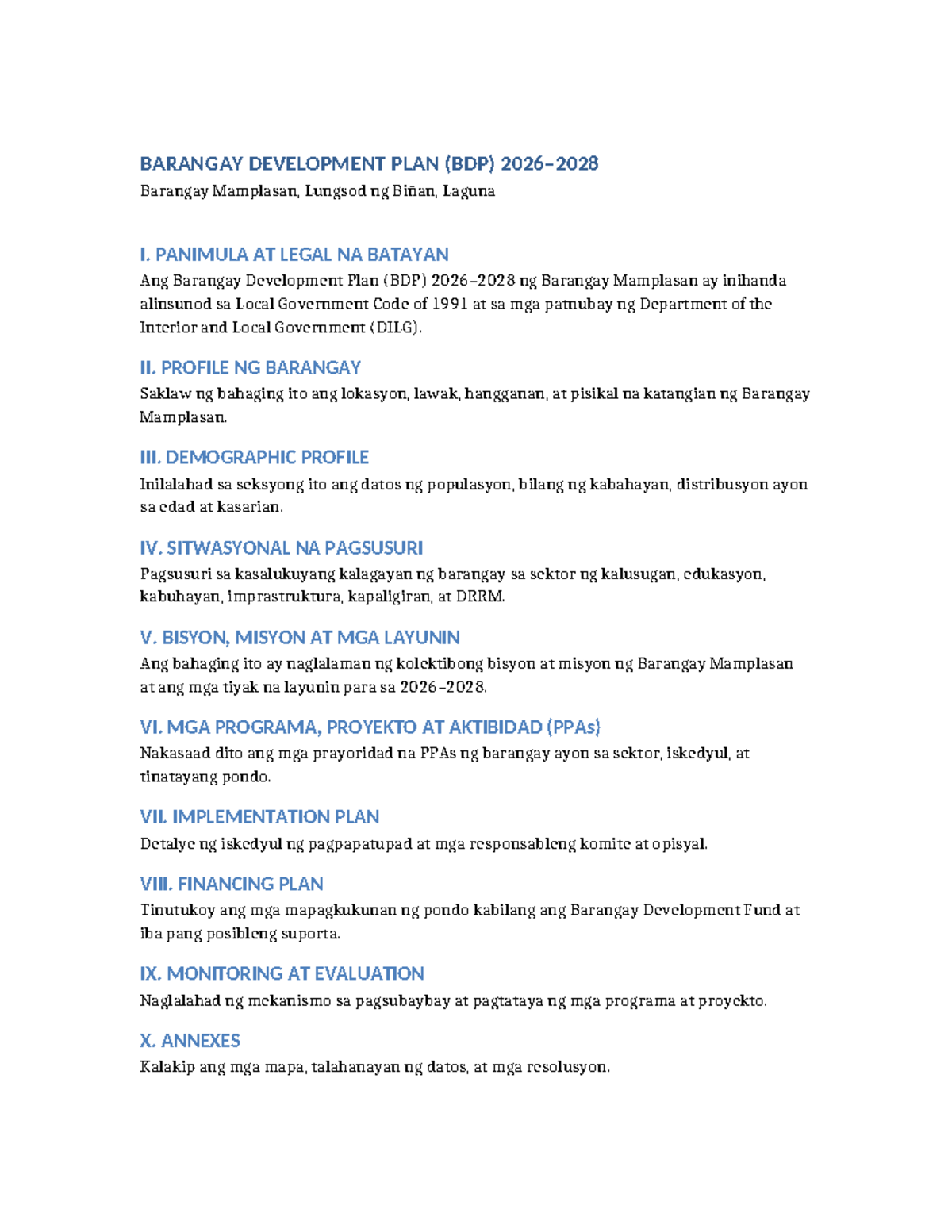 BDP Barangay Mamplasan 2026-2028: Comprehensive Development Plan - Studocu