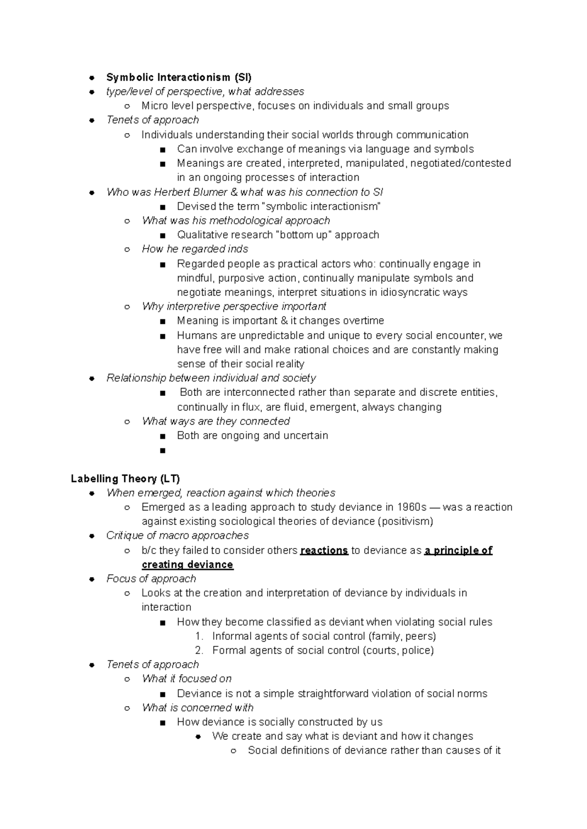 Socio 2BB3 Final Exam Review: Symbolic Interactionism & Labelling ...