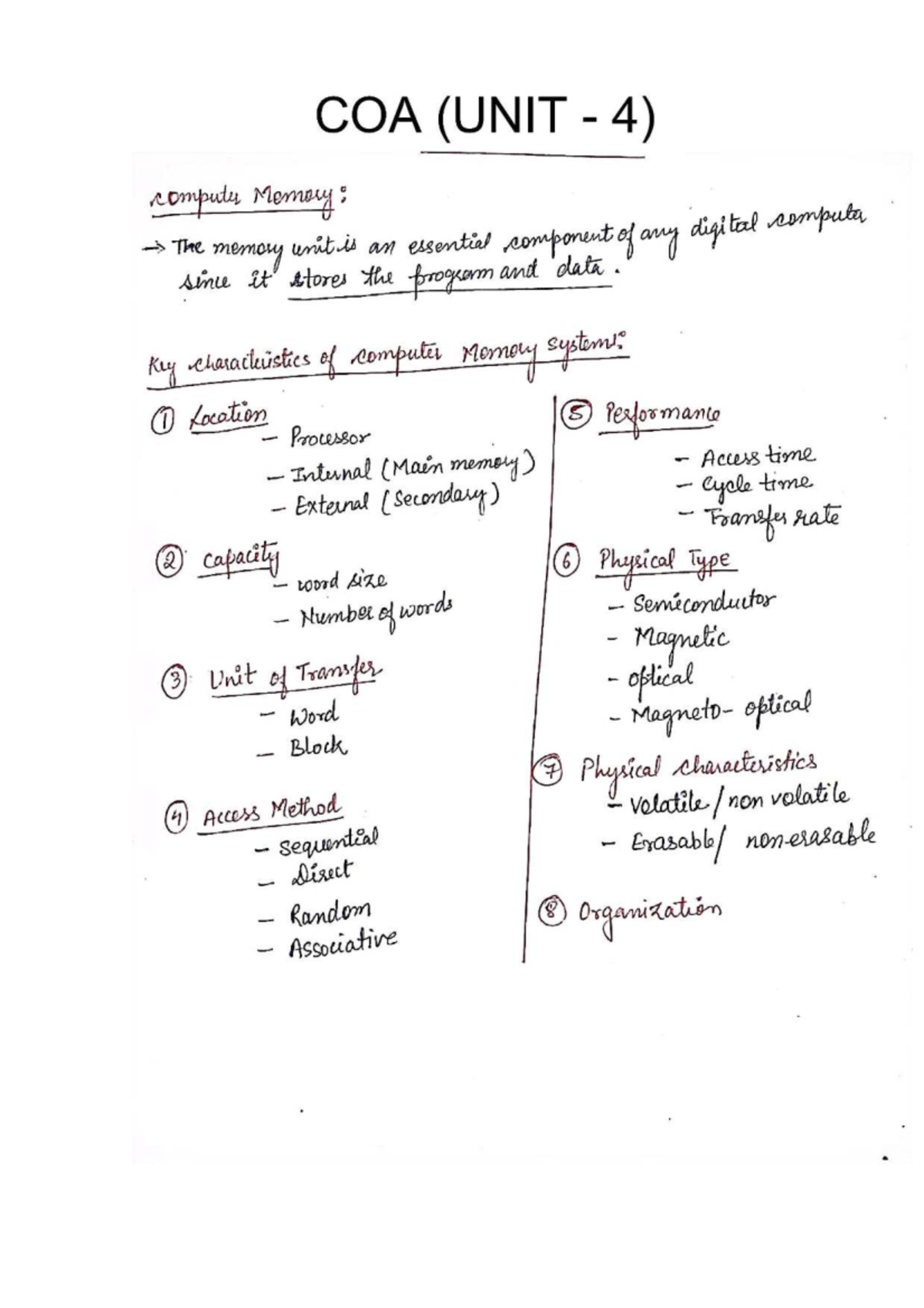 COA (UNIT 4) Computer Memory: Key Concepts and Hierarchy Notes - Studocu