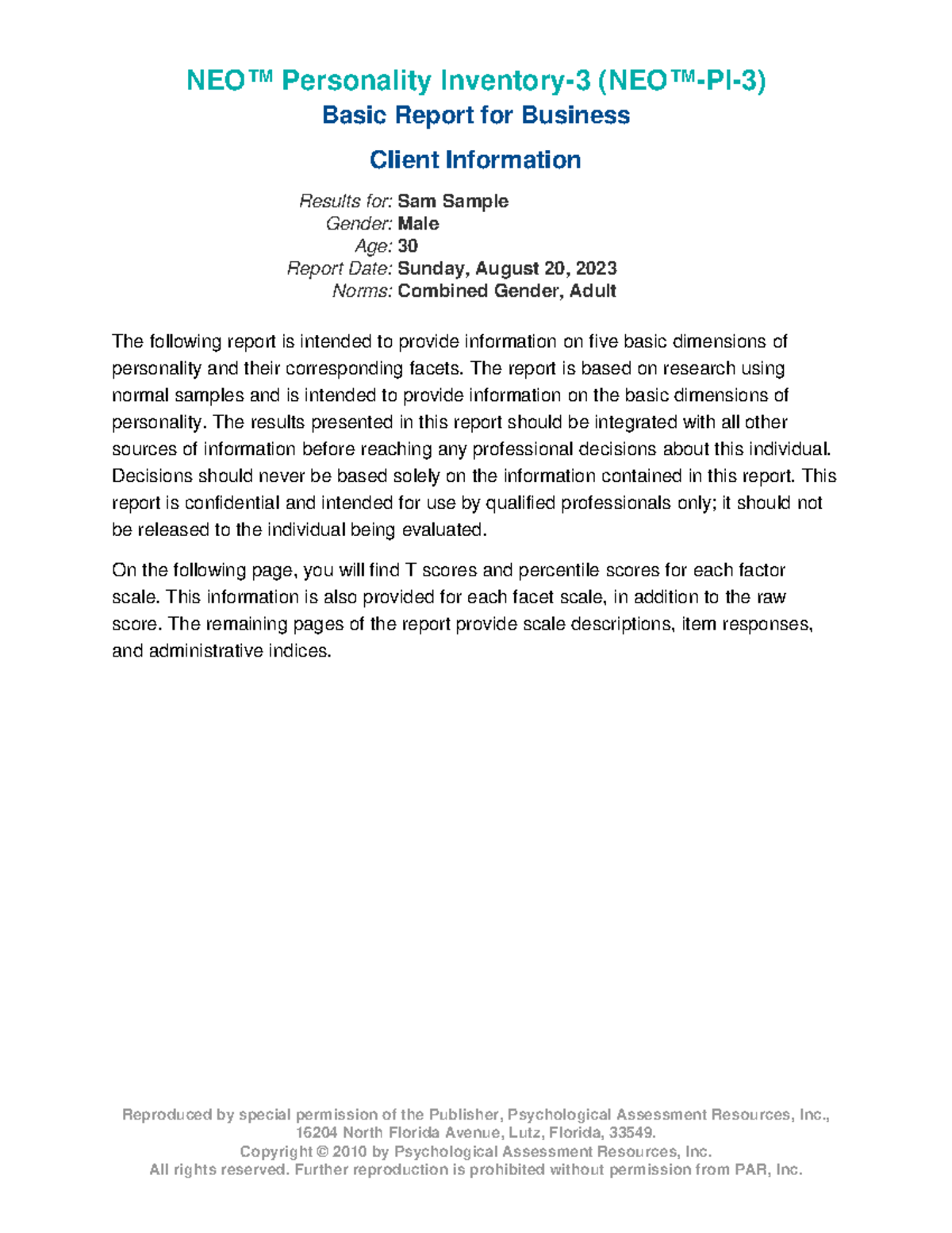 NEO-PI-R Sample Report - NEO™ Personality Inventory-3 (NEO™-PI-3) Basic ...