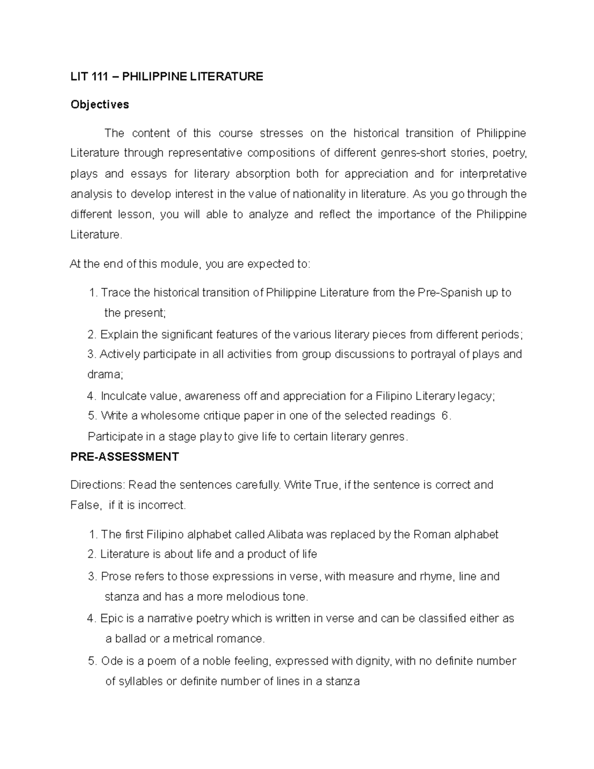 Module LIT 111 - Philippine Literature: Key Concepts and Analysis A.Y ...