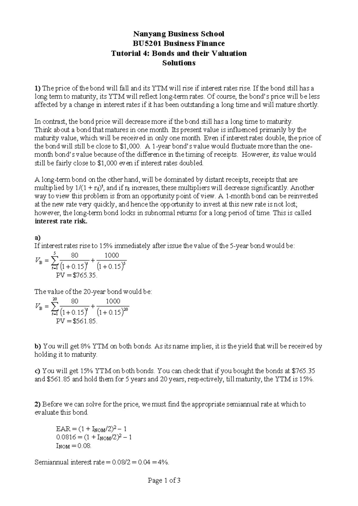 BU5201 Business Finance Tutorial 4: Bond Valuation Insights - Studocu