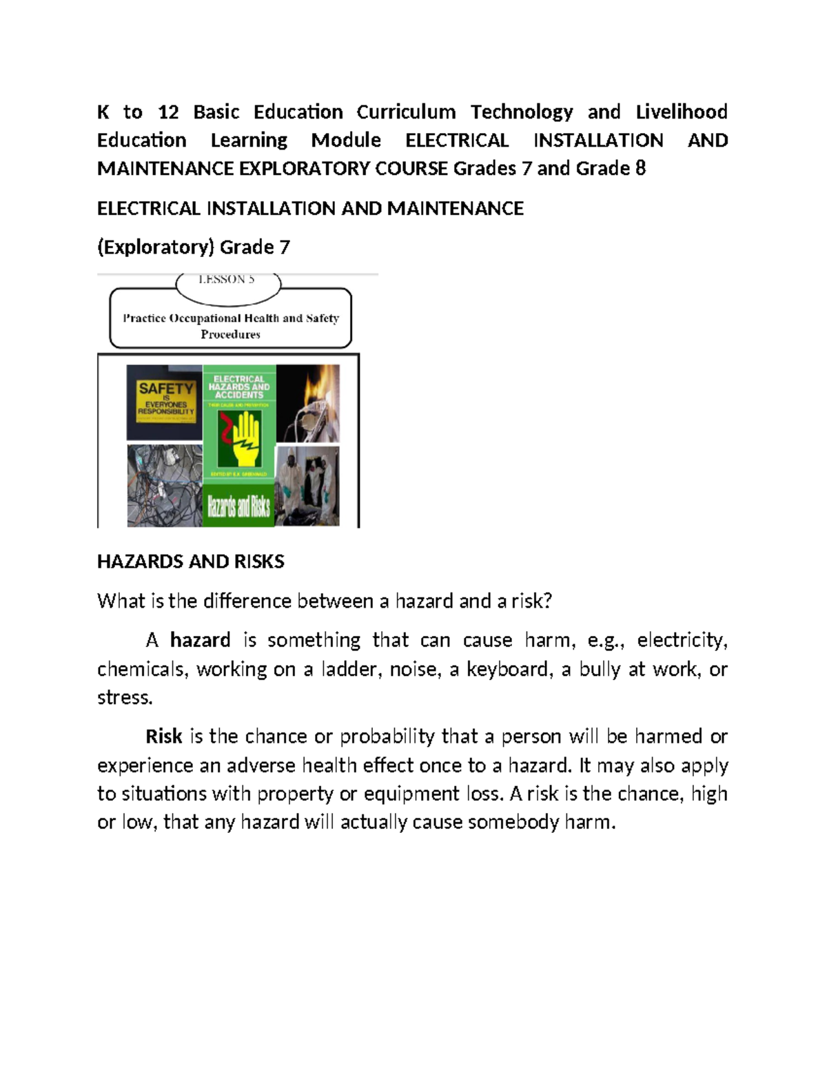 Grade 7 Electrical Installation & Maintenance: Hazards & Risks Guide ...