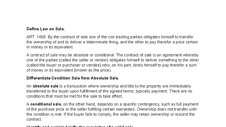 Law on Sale: Key Concepts and Provisions (A#1 - RFBT) - Studocu