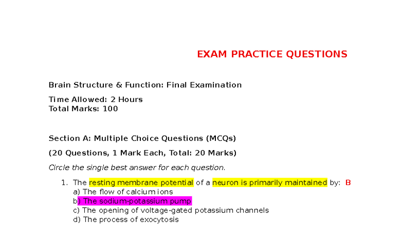 EXAM PRACTICE QUESTIONS: Brain Structure & Function (Final Exam) - Studocu