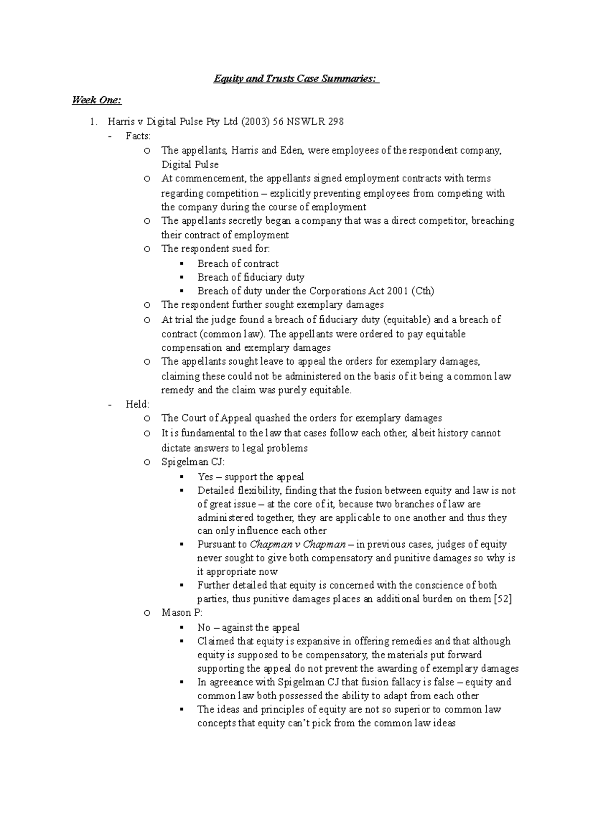 Equity and Trusts Case Summaries - Harris v Digital Pulse Pty Ltd (2003 ...