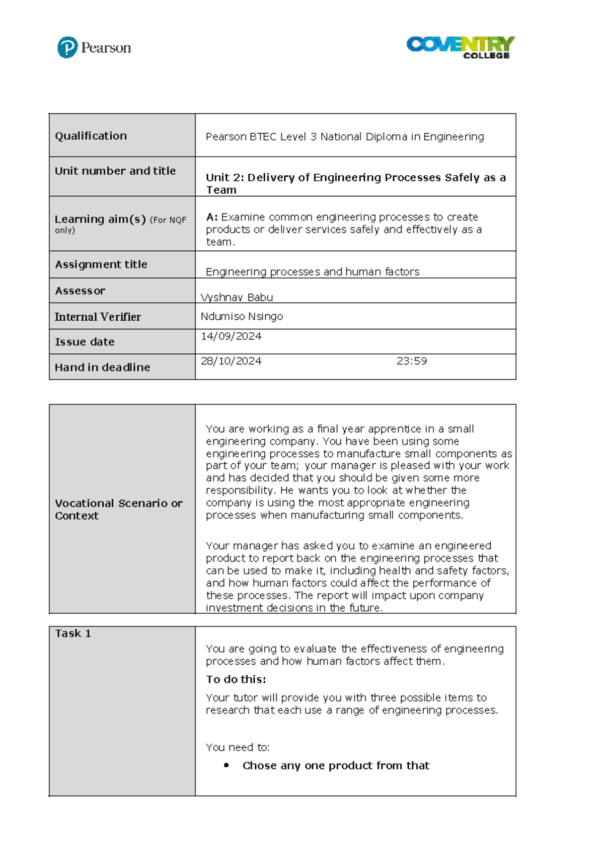 BTEC Level 3 Engineering Unit 2: Assignment Brief on Processes & Safety ...