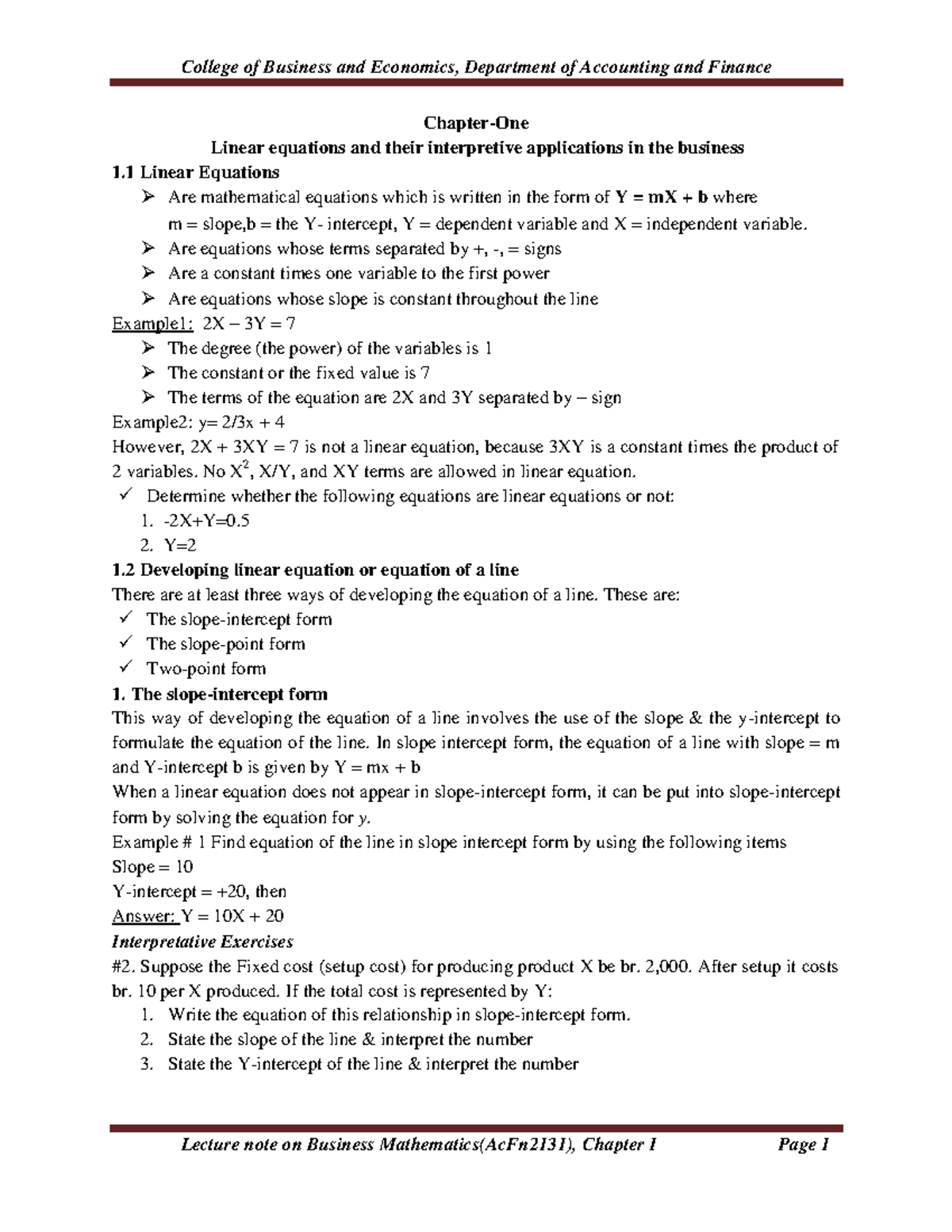 01 CH 1 - Business Mathematics: Linear Equations & Applications - Studocu