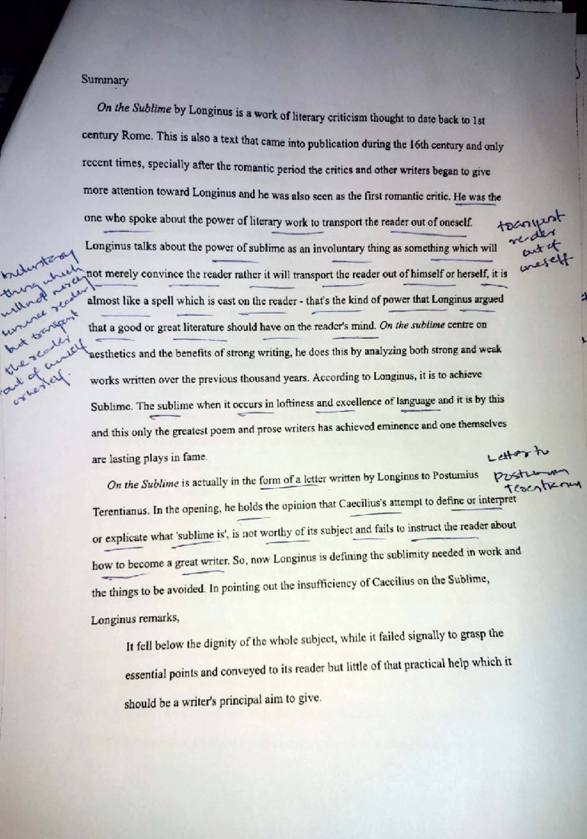 Sublime: A Summary of Longinus' Literary Criticism - Studocu