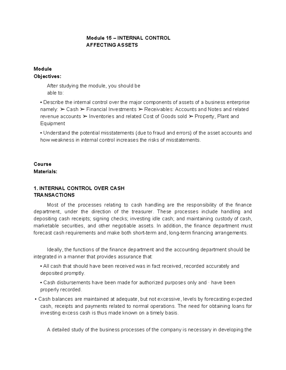 Internal Control Affecting Assets - Module 15 – INTERNAL CONTROL ...