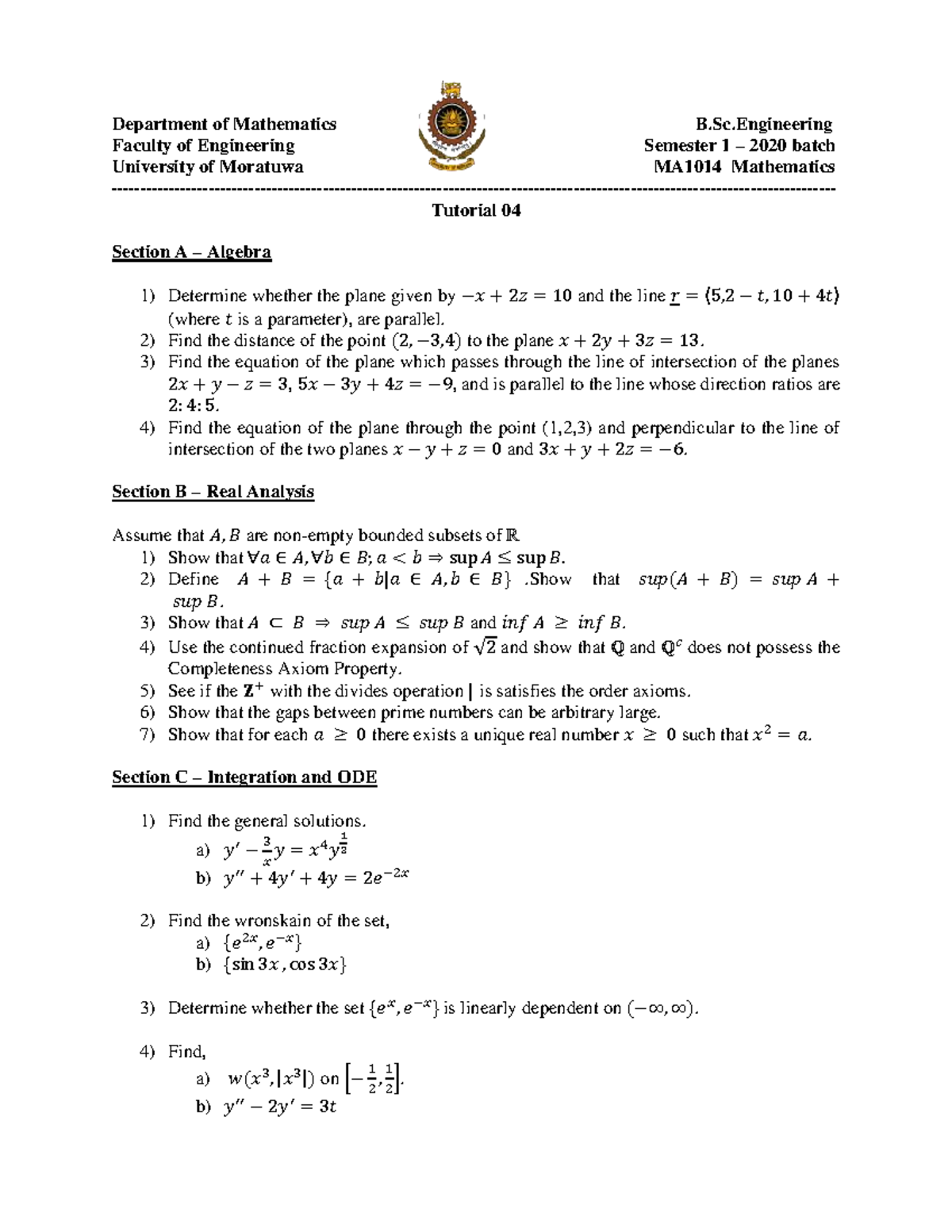 MA1014 Mathematics Tutorial 4: Algebra, Real Analysis, and ODE - Studocu