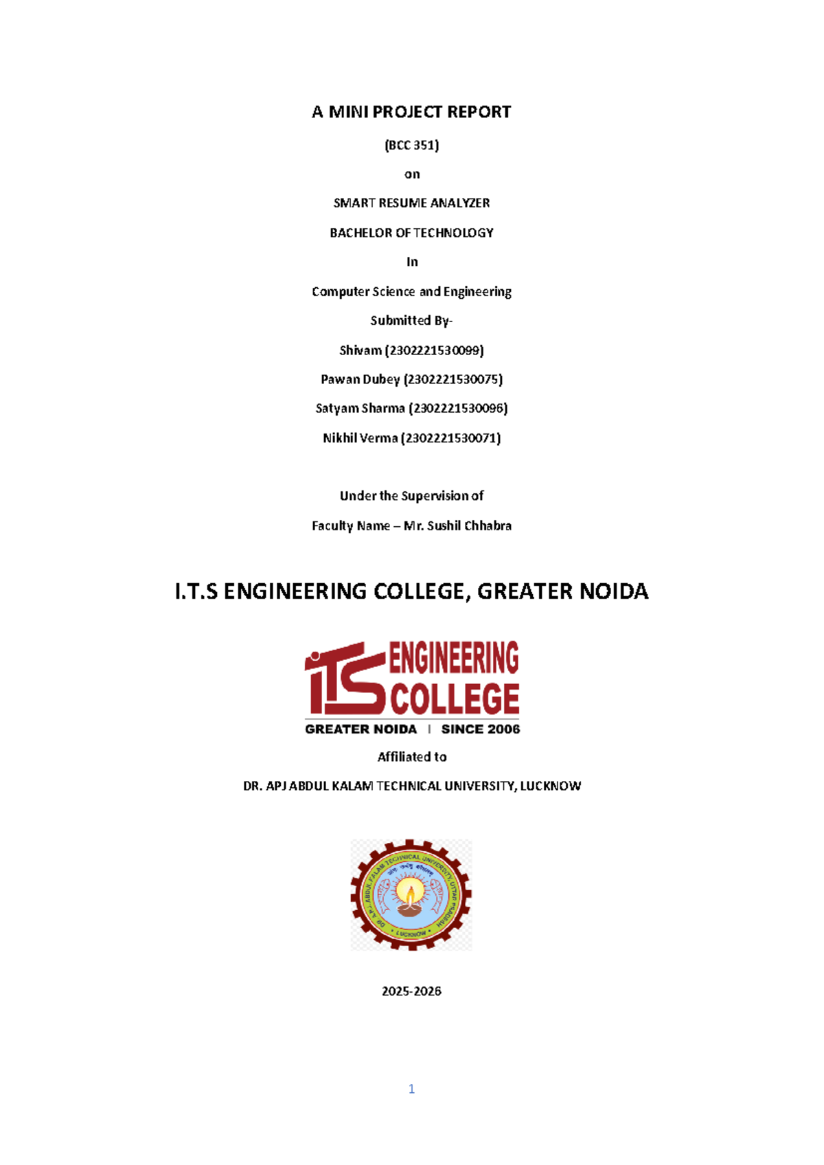 Mini Project Report (BCC 351): Smart Resume Analyzer in CSE - Studocu