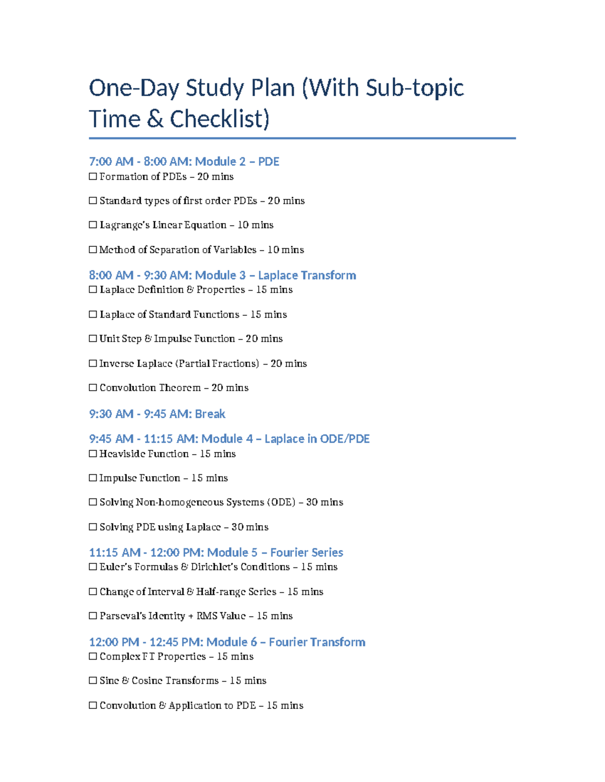 One Day Study Plan Checklist for PDEs and Transforms - Studocu