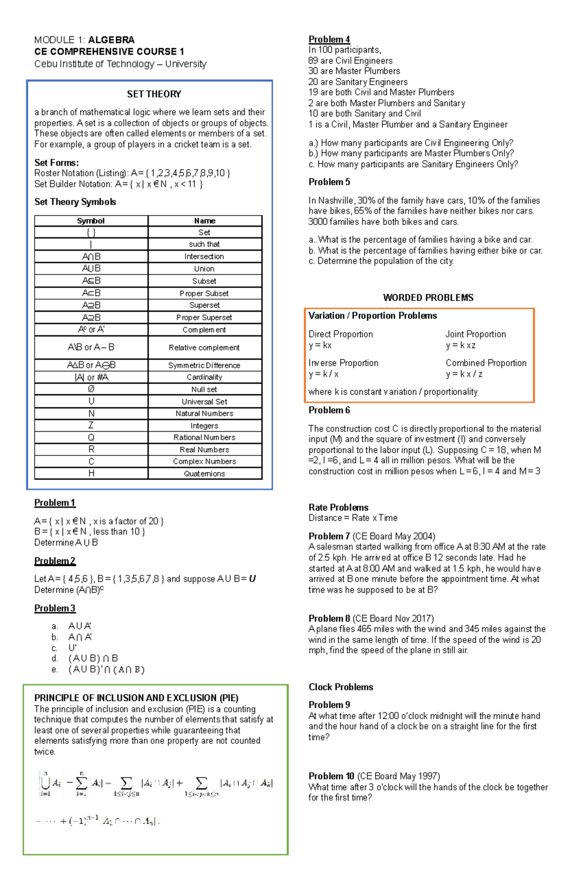 M01: Algebra CE Comprehensive Course 1 - Set Theory Overview - Studocu