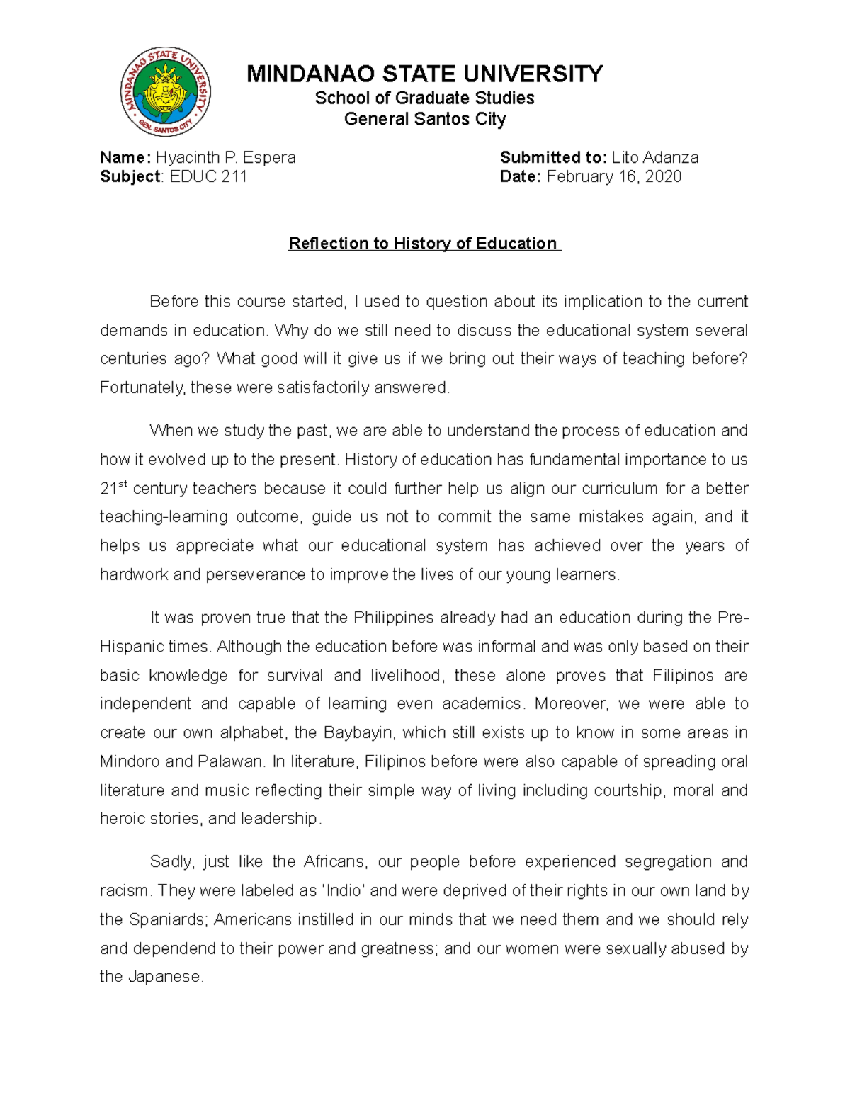 A Short Reflection on the History of Philippine Education - MINDANAO ...