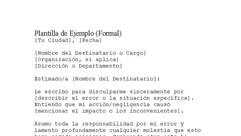 Carta de Disculpas Formal - Ejemplo de Plantilla - Studocu