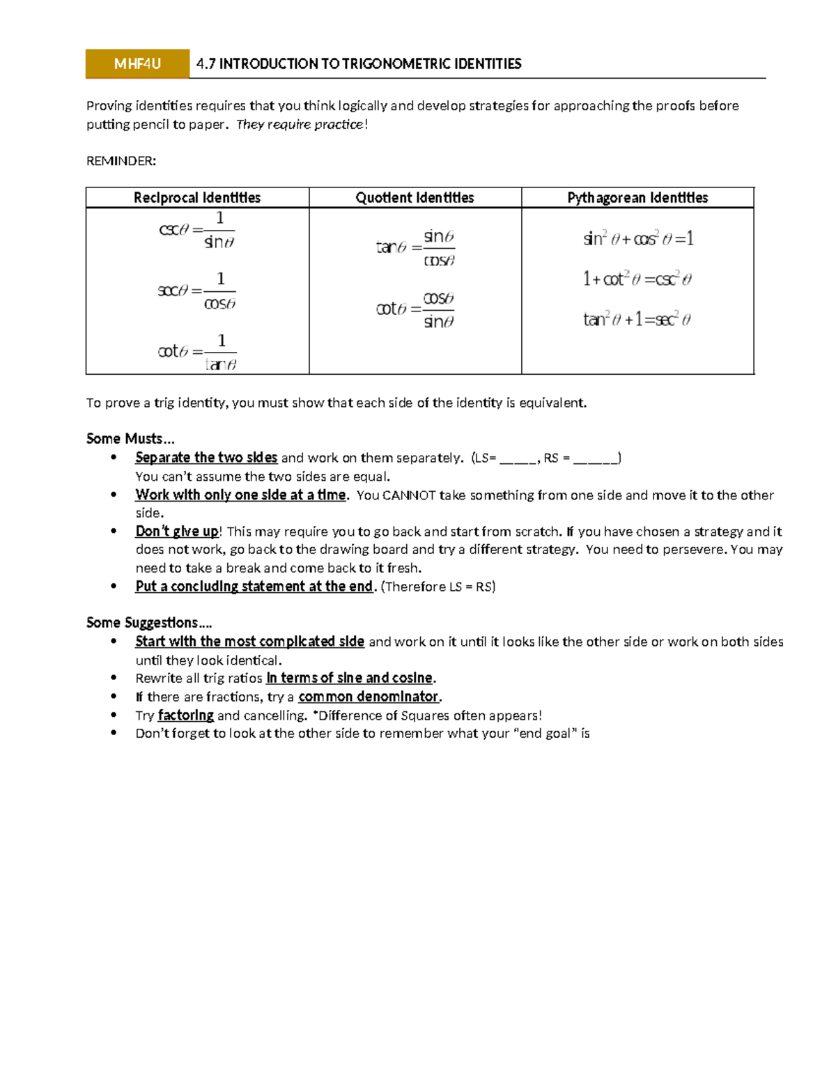MHF4U 4.7 Proving Trigonometric Identities: Tips & Strategies - Studocu