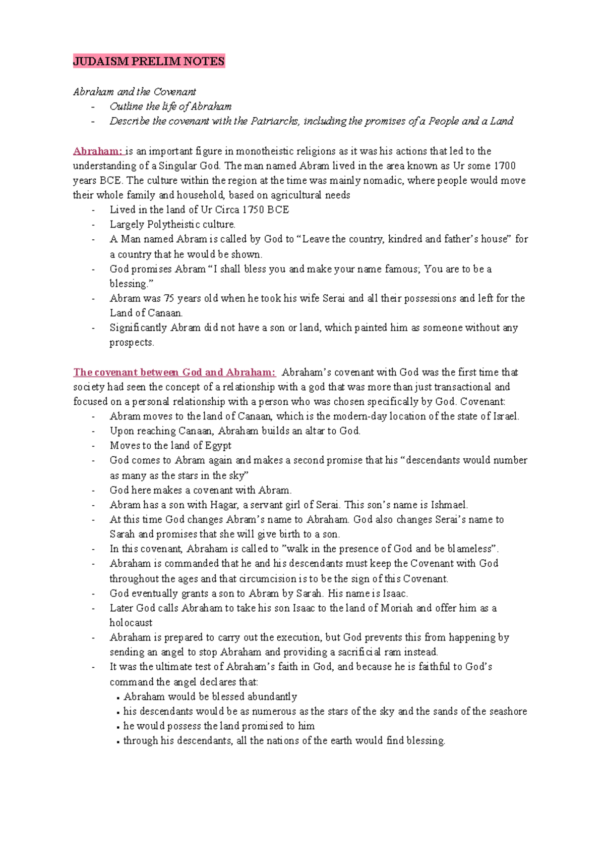 JUDAISM 101: Prelim Notes on Abraham, Covenant, and Key Beliefs - Studocu