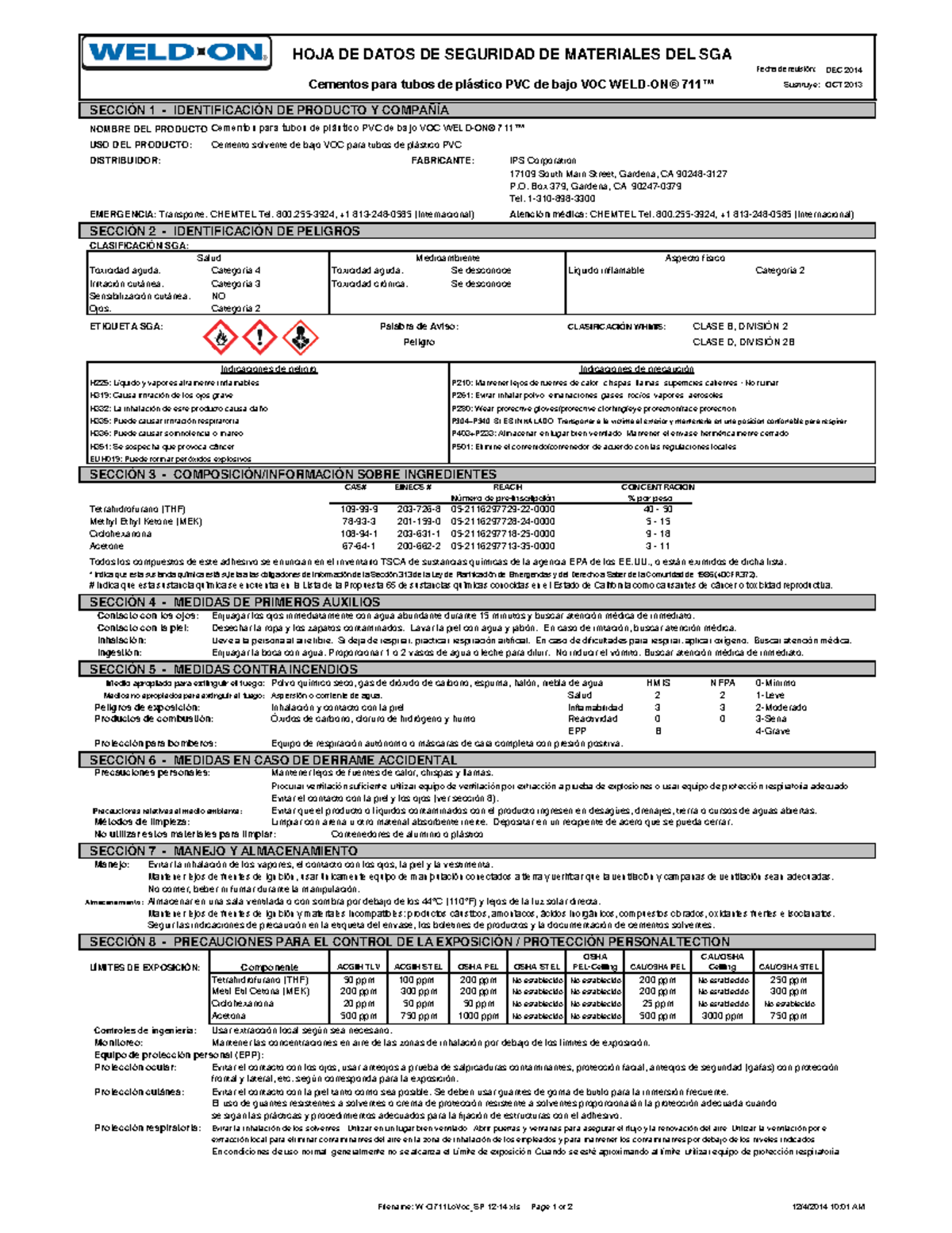 Hoja de Datos de Seguridad: HDS Cemento Weld On 711 PVC - Studocu