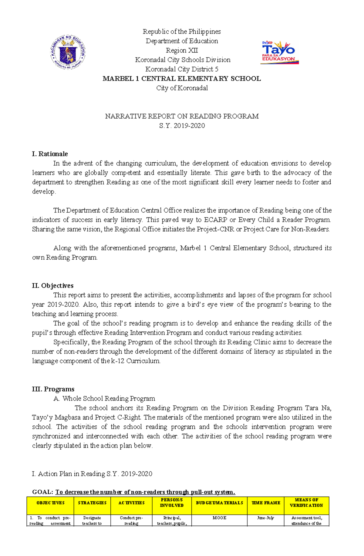 Narrative Report on Reading Program - Marbel 1 Elementary S. 2019-2020 ...