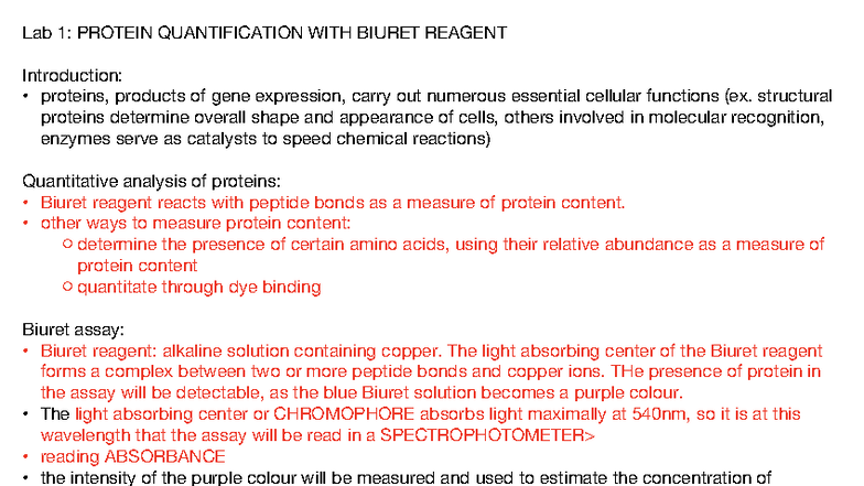 Lab 1: Protein Quantification with Biuret Reagent - Test Review - Studocu