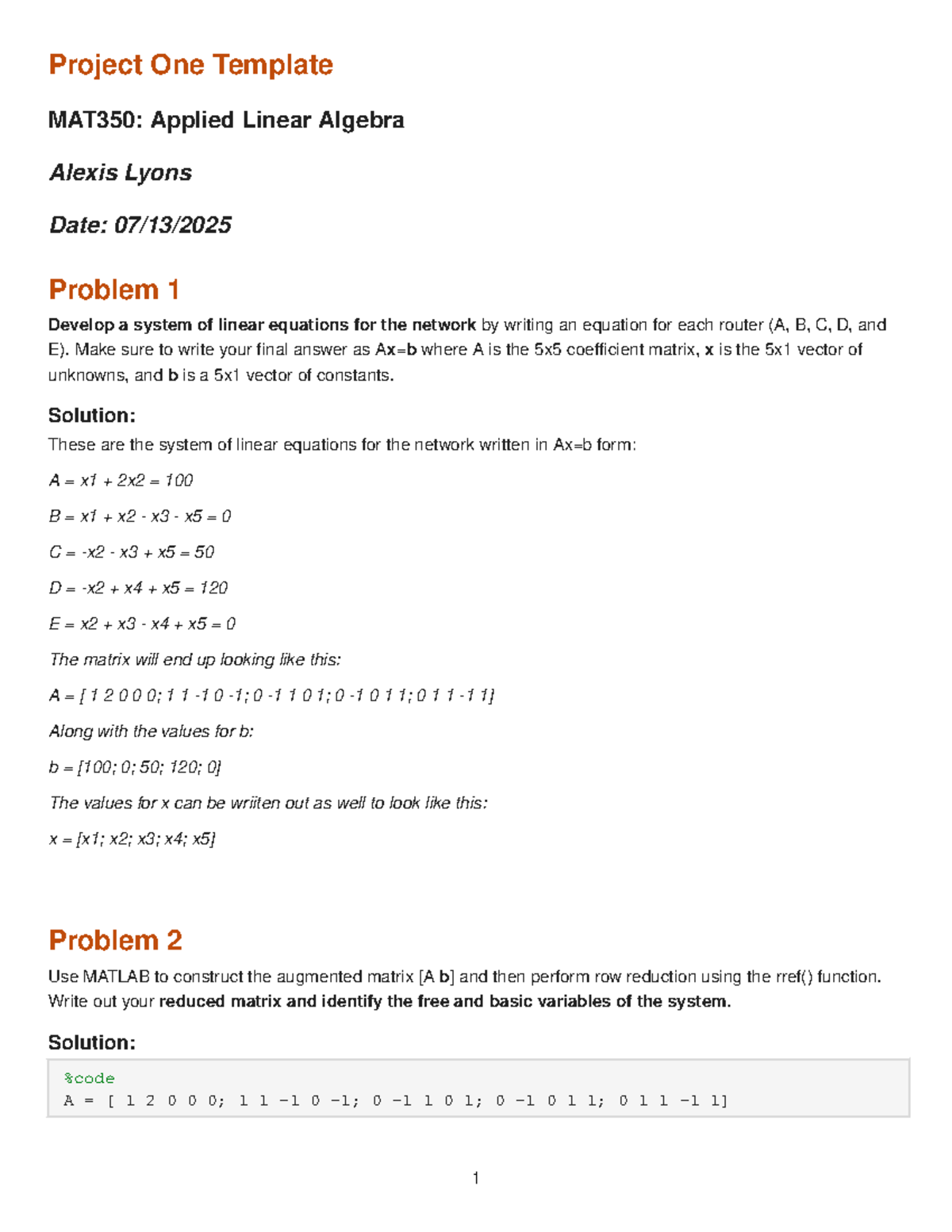 Matlab Project One Template for MAT350: Applied Linear Algebra - Studocu