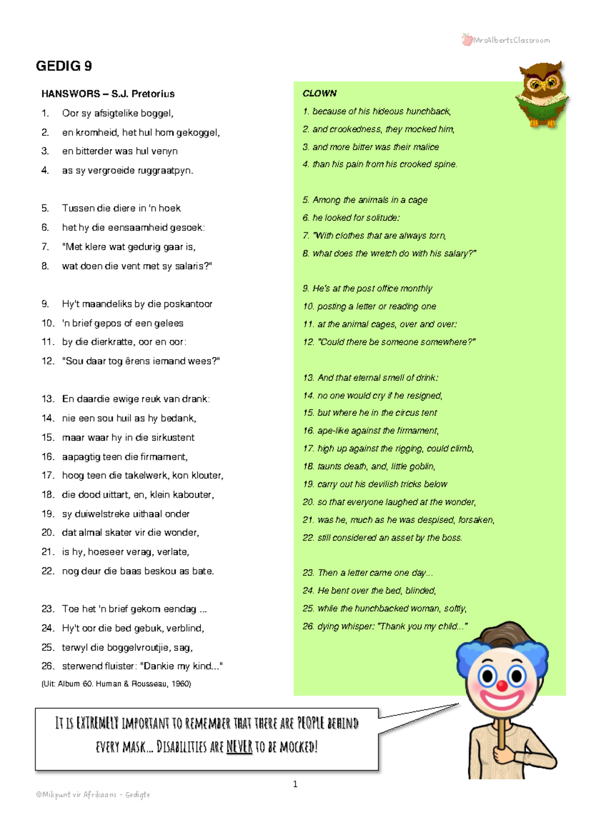Afrikaans Poem Summaries: Werkkaarte 2 van Hanswors - S.J. Pretorius ...