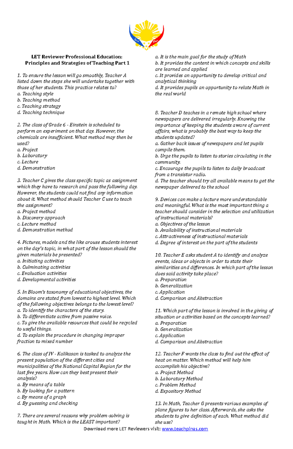 LET Reviewer: Principles & Strategies of Teaching Part 1 Insights - Studocu