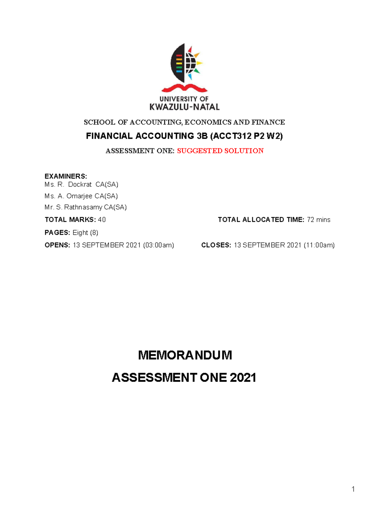 Assessment 1 - Solution - SCHOOL OF ACCOUNTING, ECONOMICS AND FINANCE ...