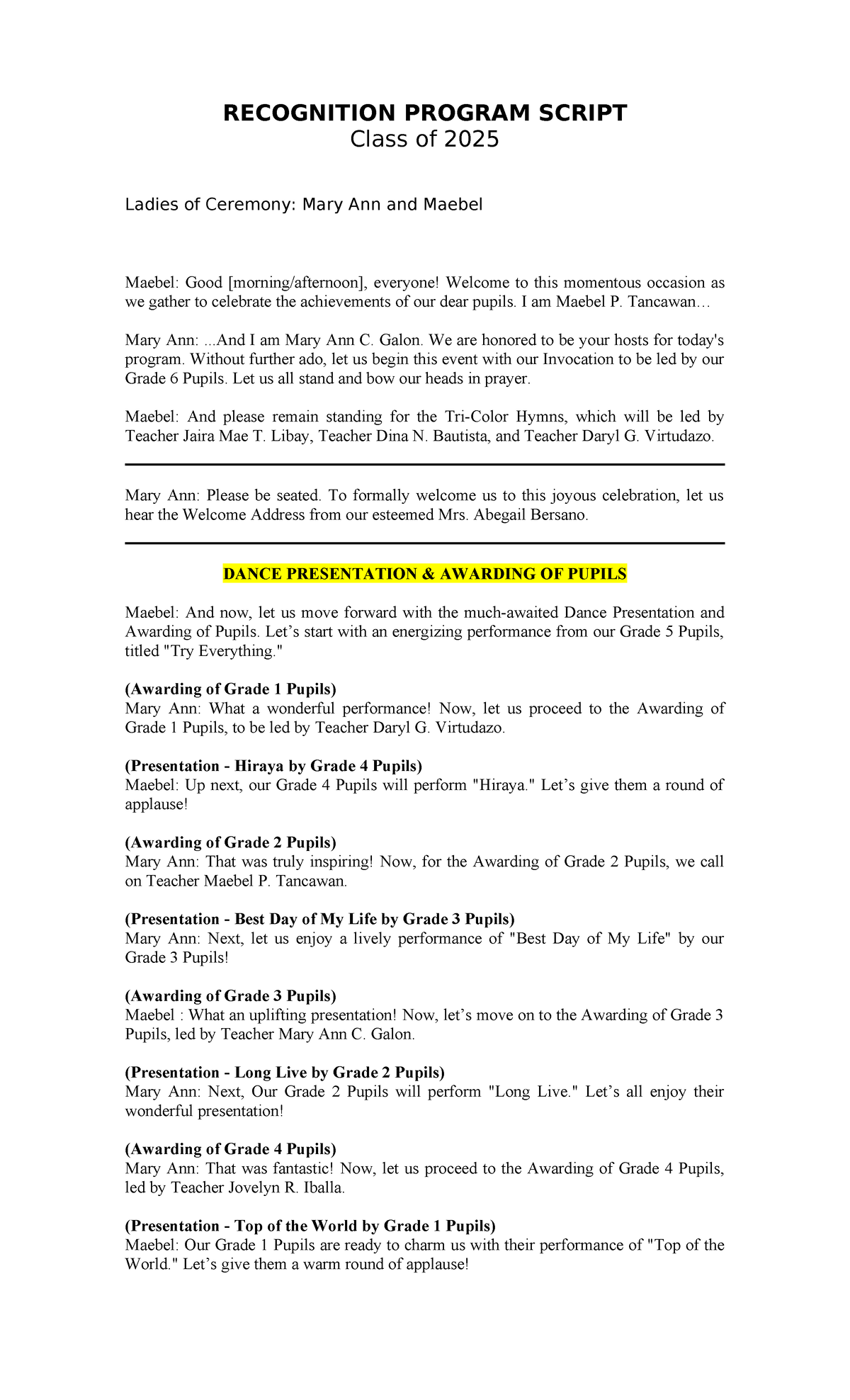 Recognition Program Script for Class of 2025 Celebration - Studocu