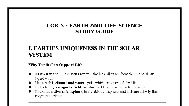 COR 5 Earth and Life Science Study Guide: Uniqueness in the Solar ...