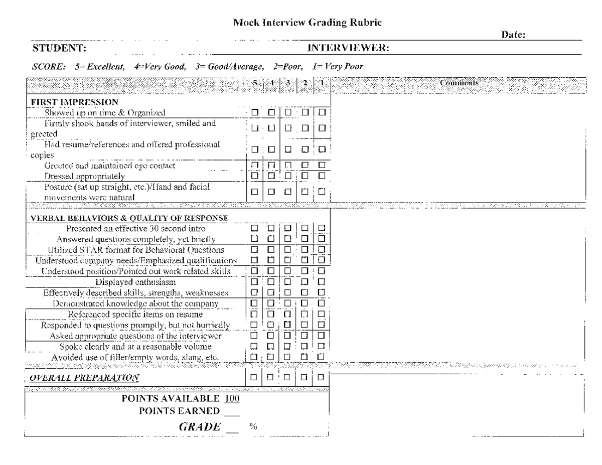 Mock Job Interview Grading Rubric and Feedback Guide - Studocu