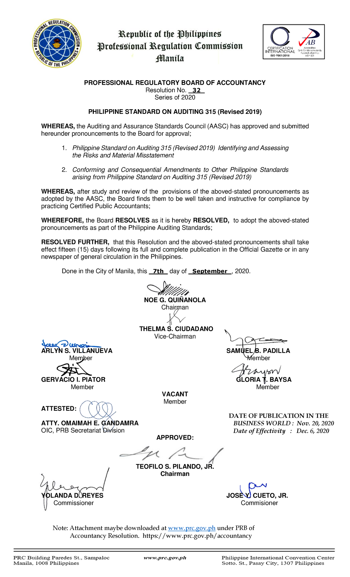 Revised psa 315 with boa approval - PROFESSIONAL REGULATORY BOARD OF ...