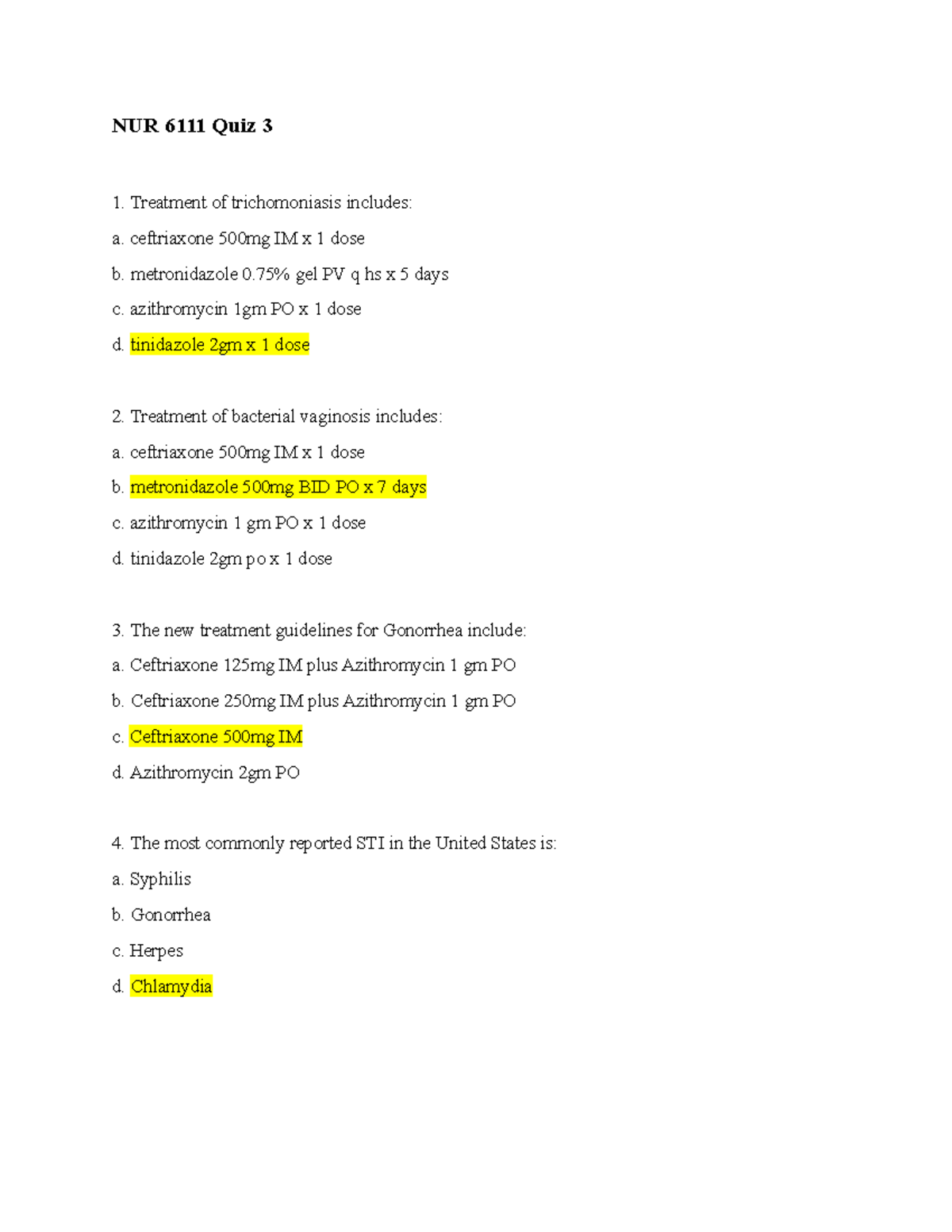 NUR 6111 Quiz 3: Key Points & Treatment Guidelines for STIs - Studocu
