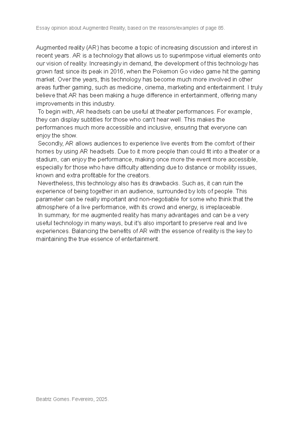 Essay Opinion on Augmented Reality (AR) - Insights & Impacts - Studocu