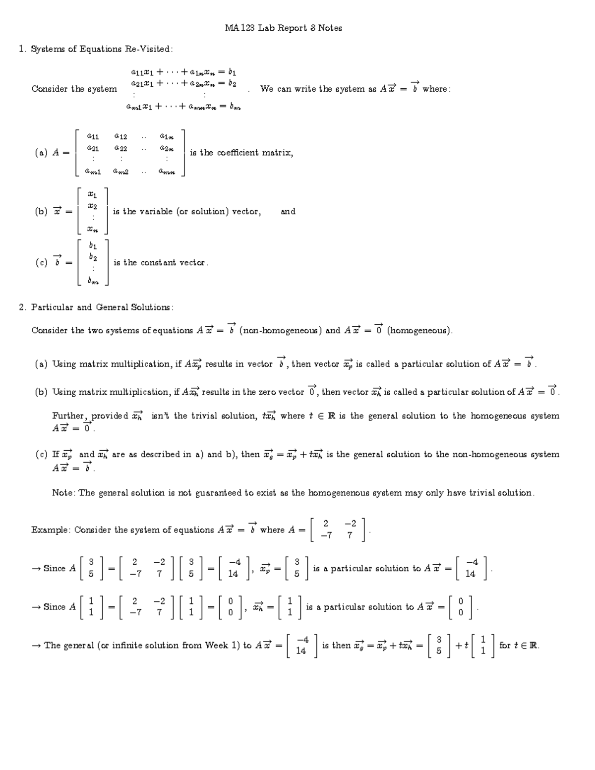 MA123 Lab Report 8: Systems of Equations & Solutions Analysis - Studocu