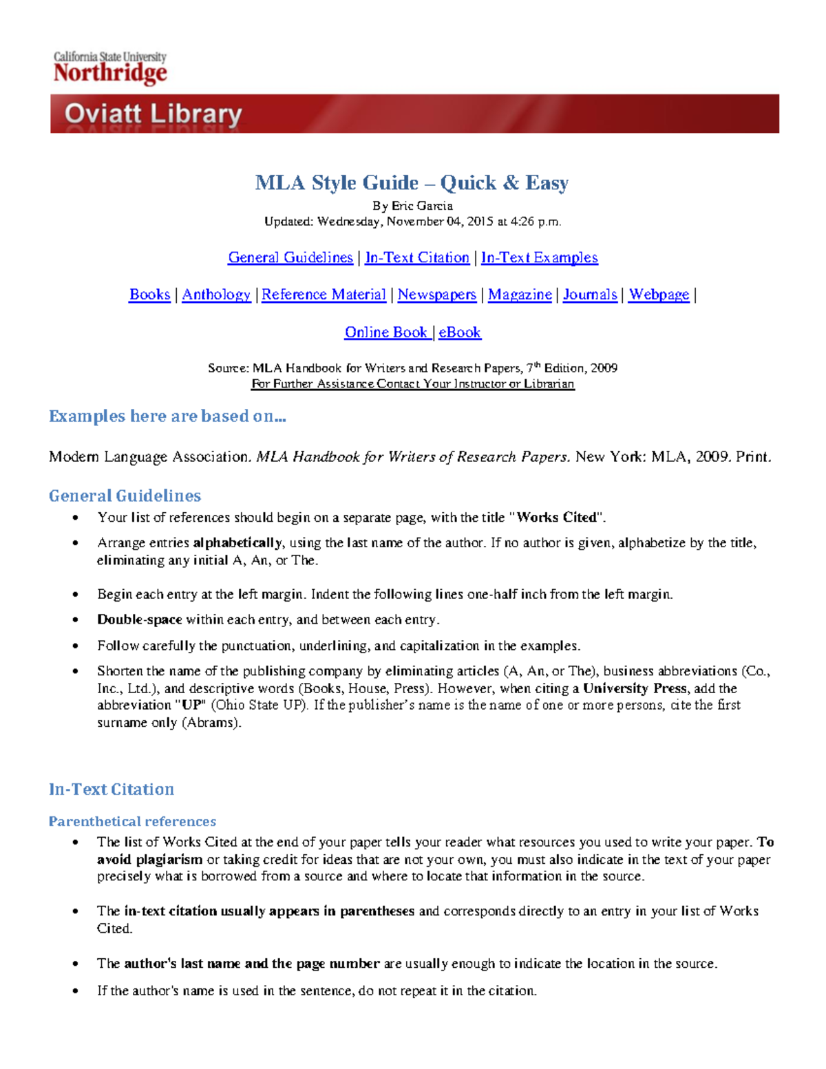 MLA Citation Guide CSU - MLA Style Guide – Quick & Easy By Eric Garcia ...