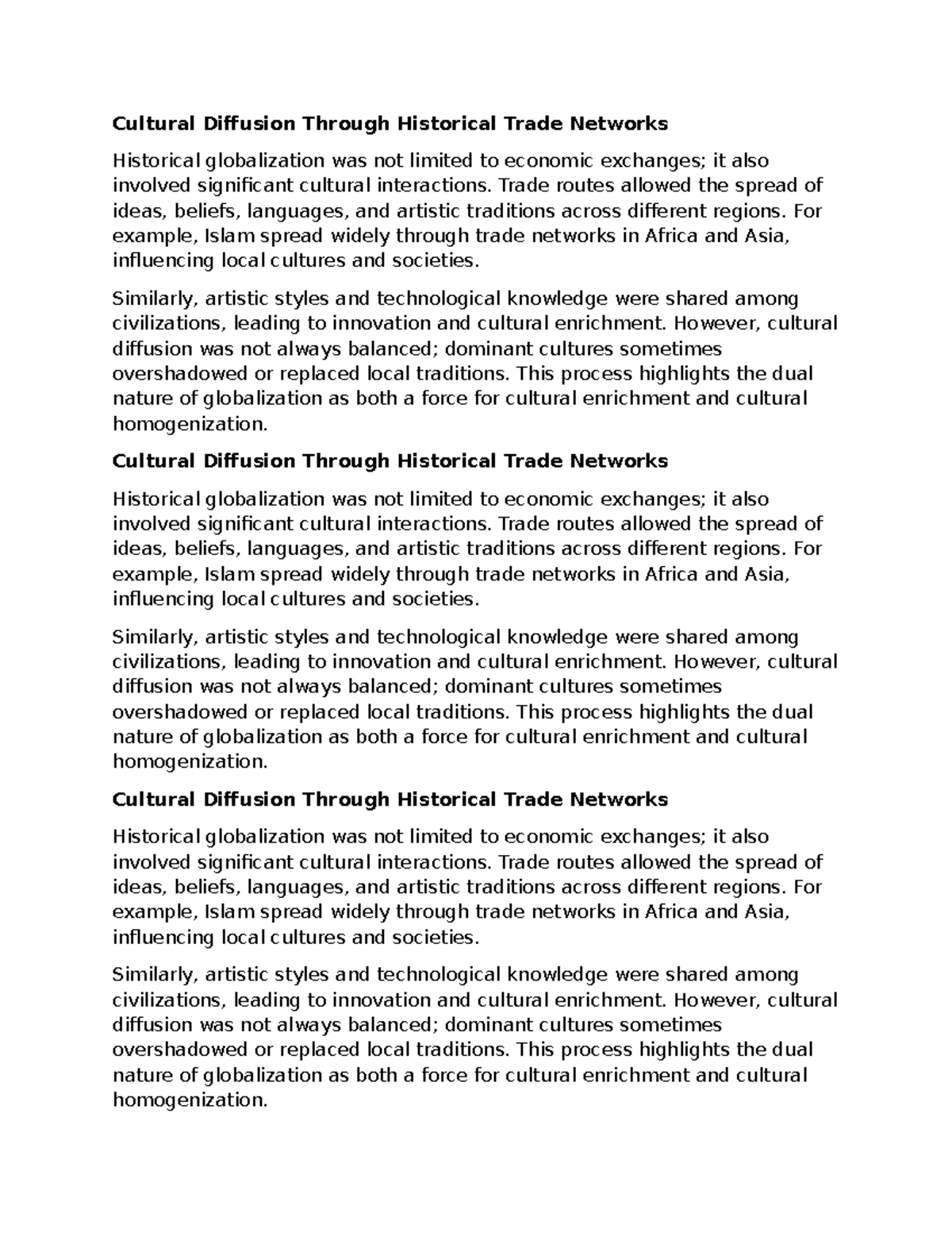 Cultural Diffusion in Historical Trade Networks: A Global Perspective ...