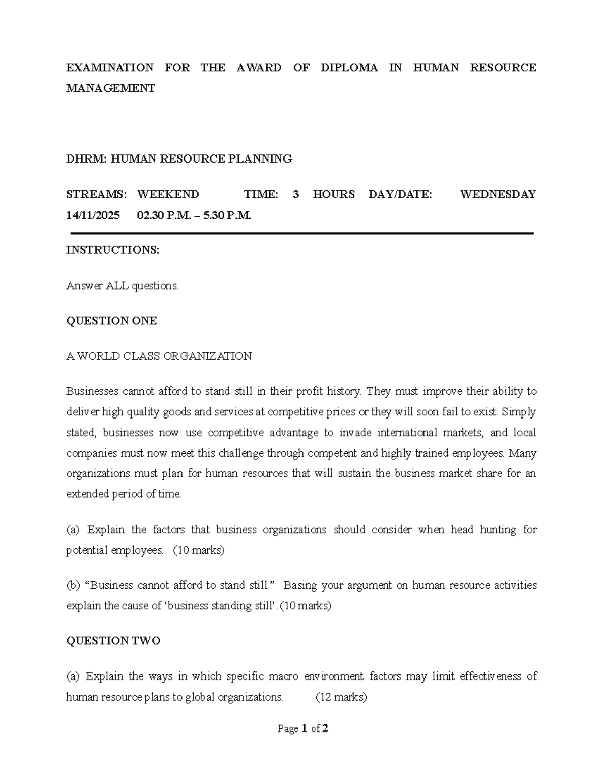 DHRM: Human Resource Planning Exam - Weekend Session 110417 - Studocu