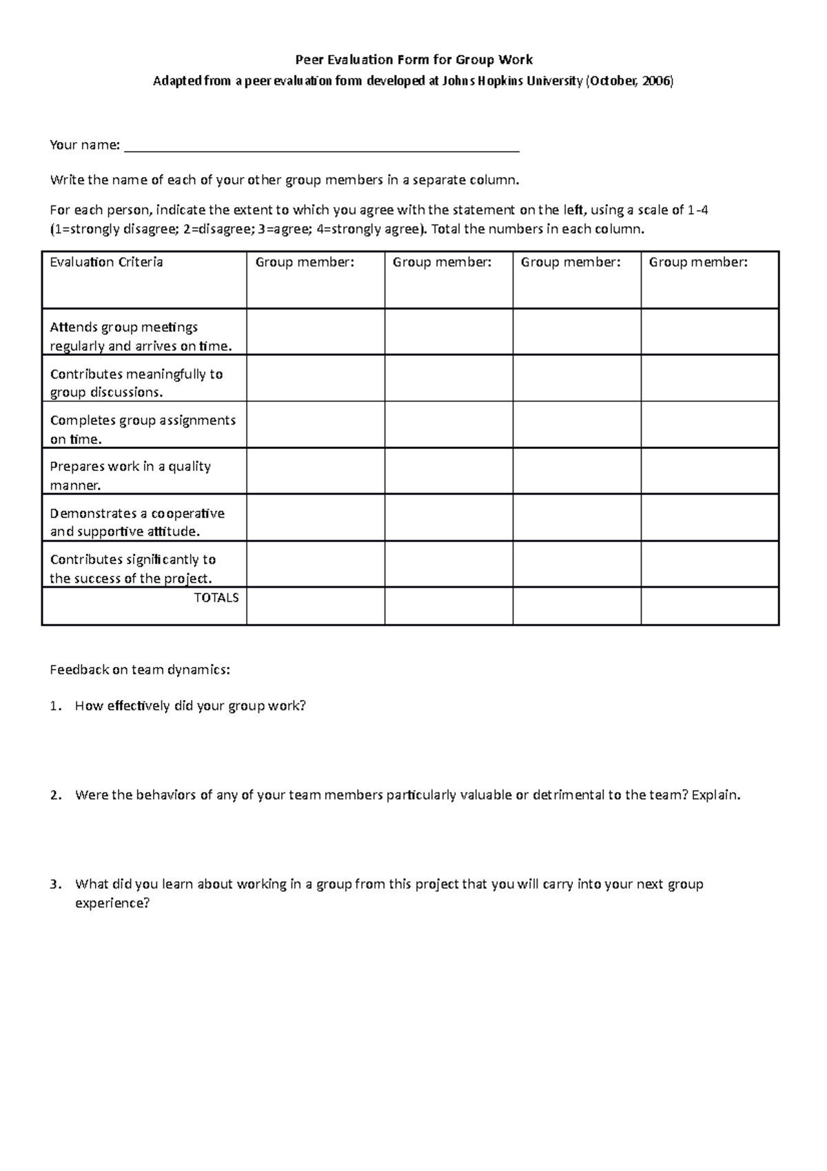 SNA Project Groupwork Peer Evaluation Form: Guidelines and Criteria ...