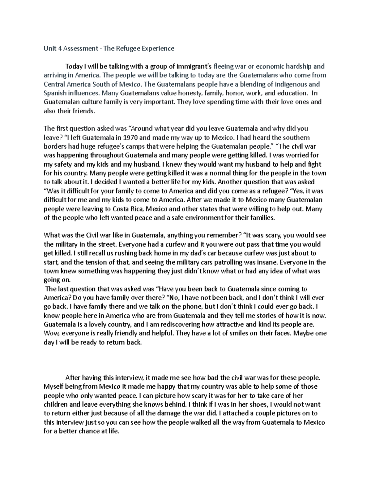 Unit 4 Assessment: Insights into the Guatemalan Refugee Experience ...
