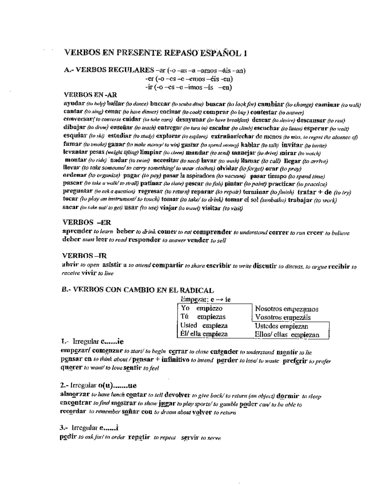 Repaso de Verbos en Presente - Español 1 (XX123) - Studocu