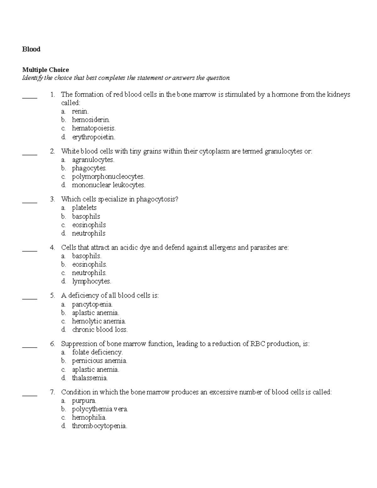 Blood 255 Practice Quiz & Answer Key for Blood Biology Concepts - Studocu